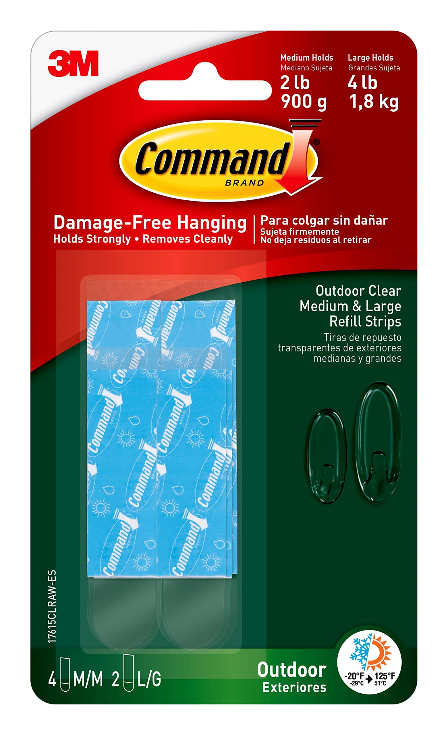 Command Outdoor Medium Large Clear Refill Strips 4 Medium Strips and 2 Large Strips Water and UV Resistant Re Hang Command Hooks for Wreath or Wall Decor RDD5 Walmart