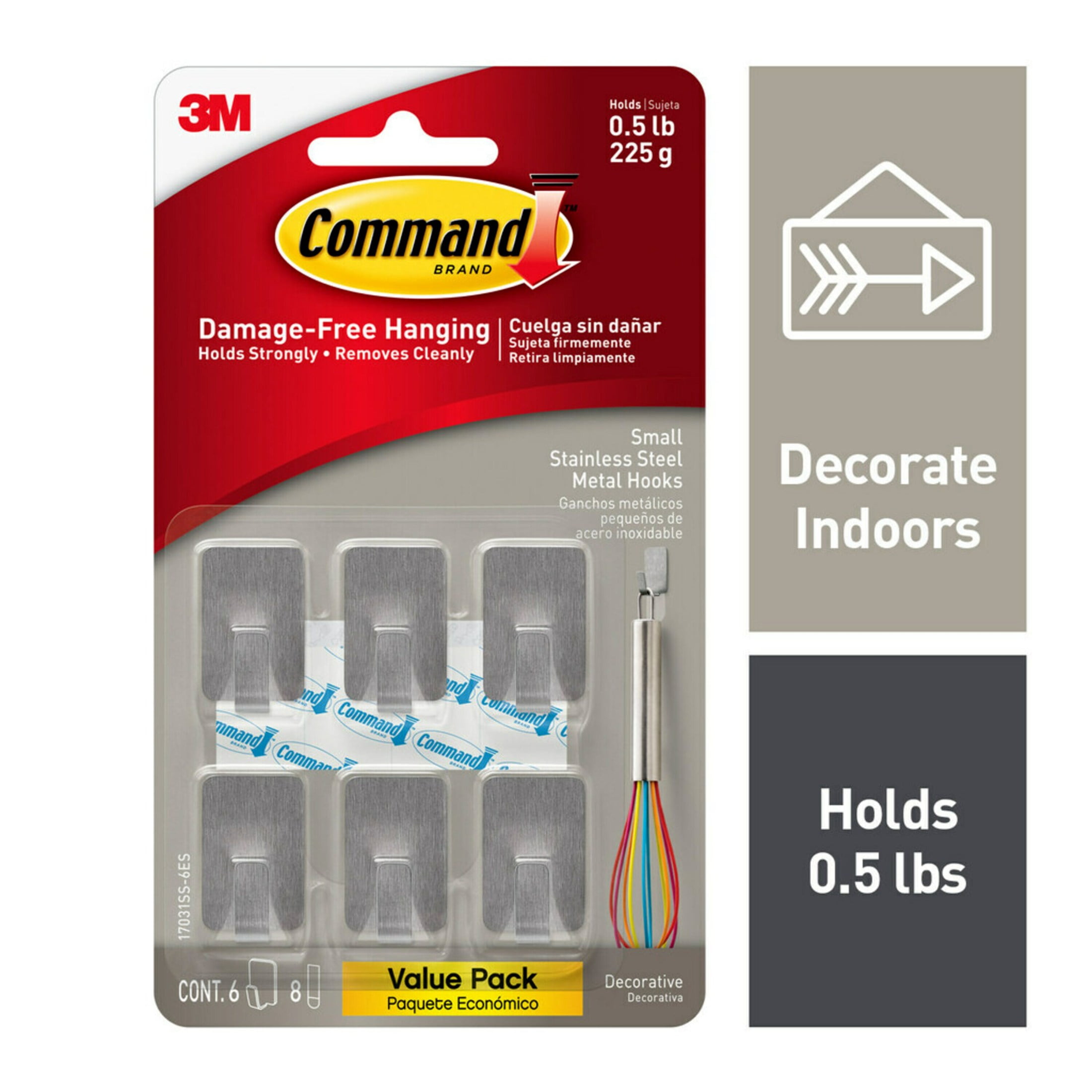 Command Small Stainless Steel Metal Hooks, 6 Hooks, 8 Strips/Pack ...