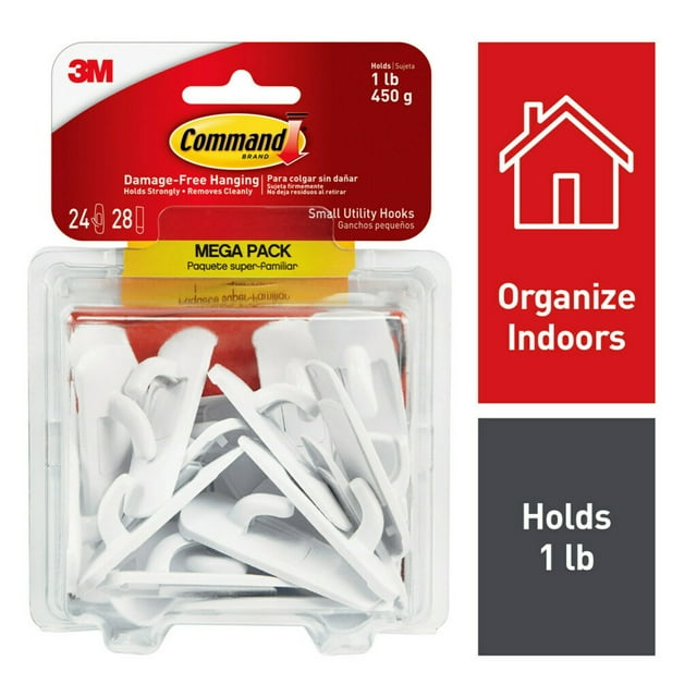 Command Small Utility Hooks, White, Damage Free Organizing, 24 Hooks ...