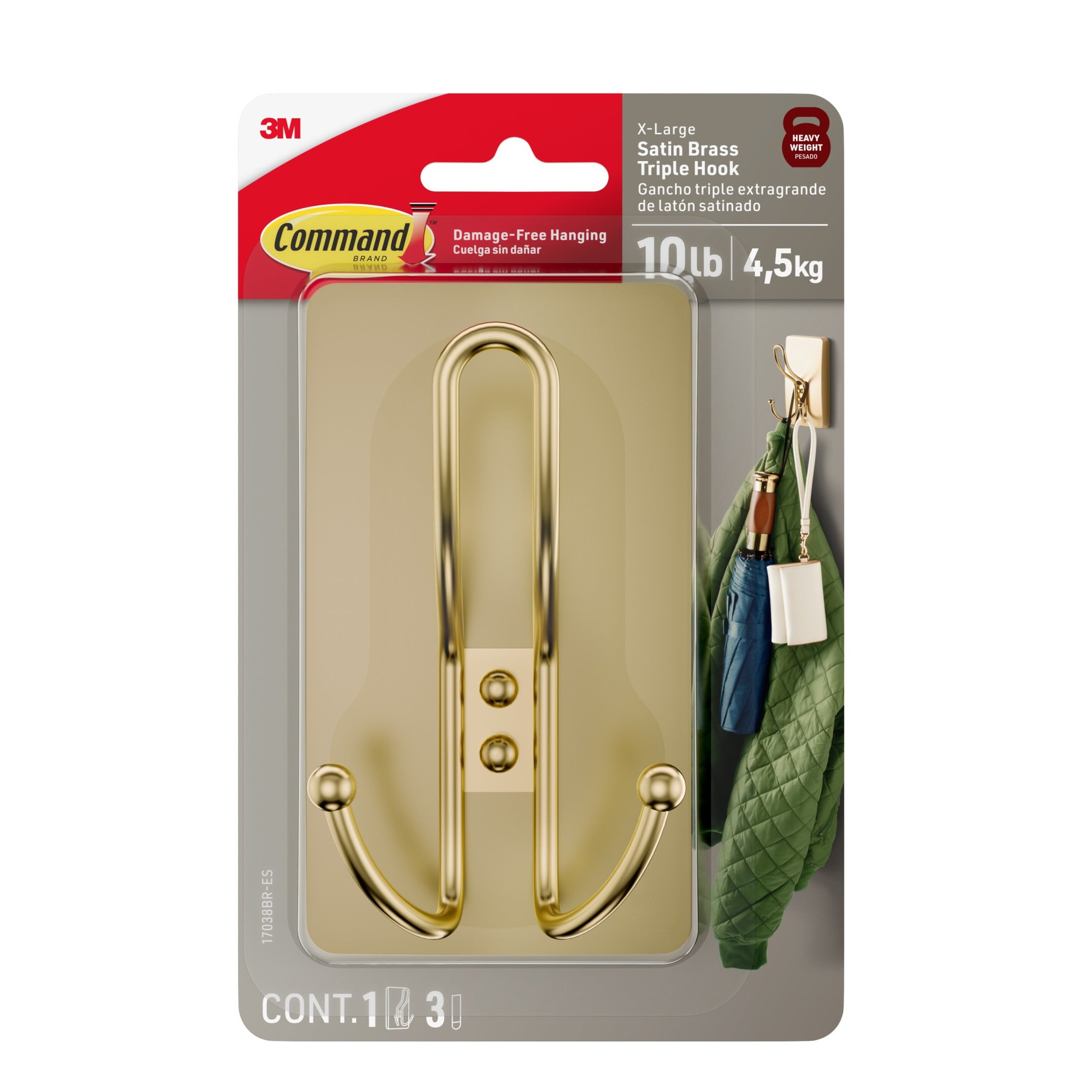 Command X-Large Triple Hook, Satin Brass, Holds 10 lbs., 1 Hook, 3 ...