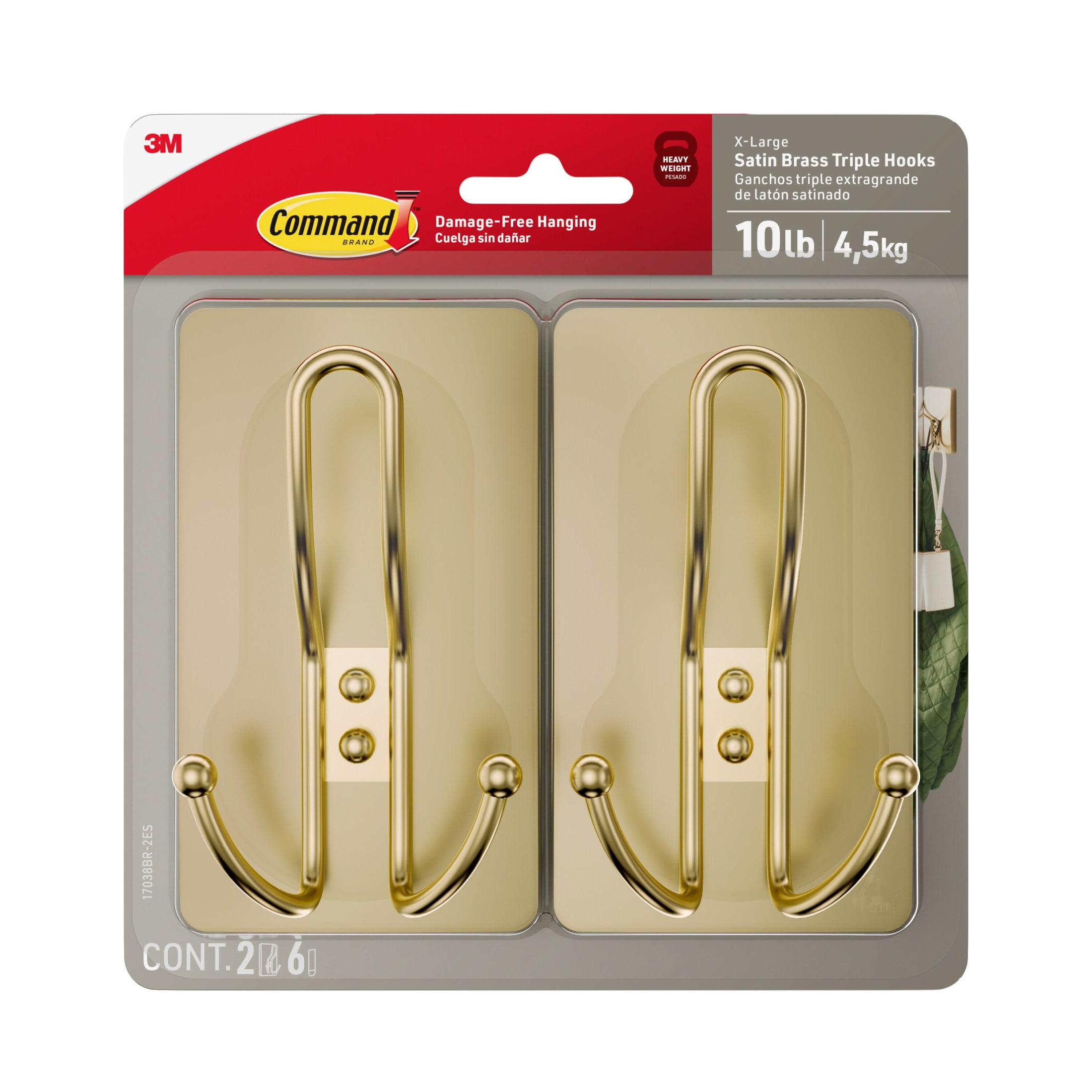Command X-Large Triple Hook, Holds 10 lbs., 2 Hooks, 6 Adhesive Strips ...