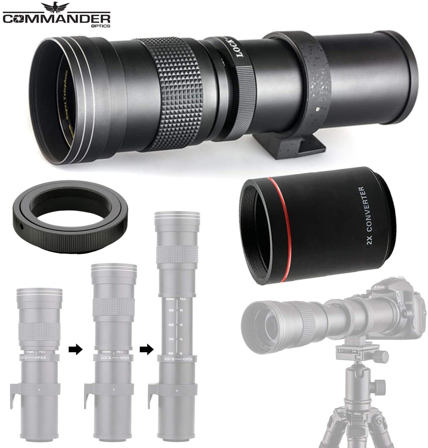 Commander Optics 420-800mm (w/ 2X- 840-1600mm) f/8.3-16 HD Telephoto ...