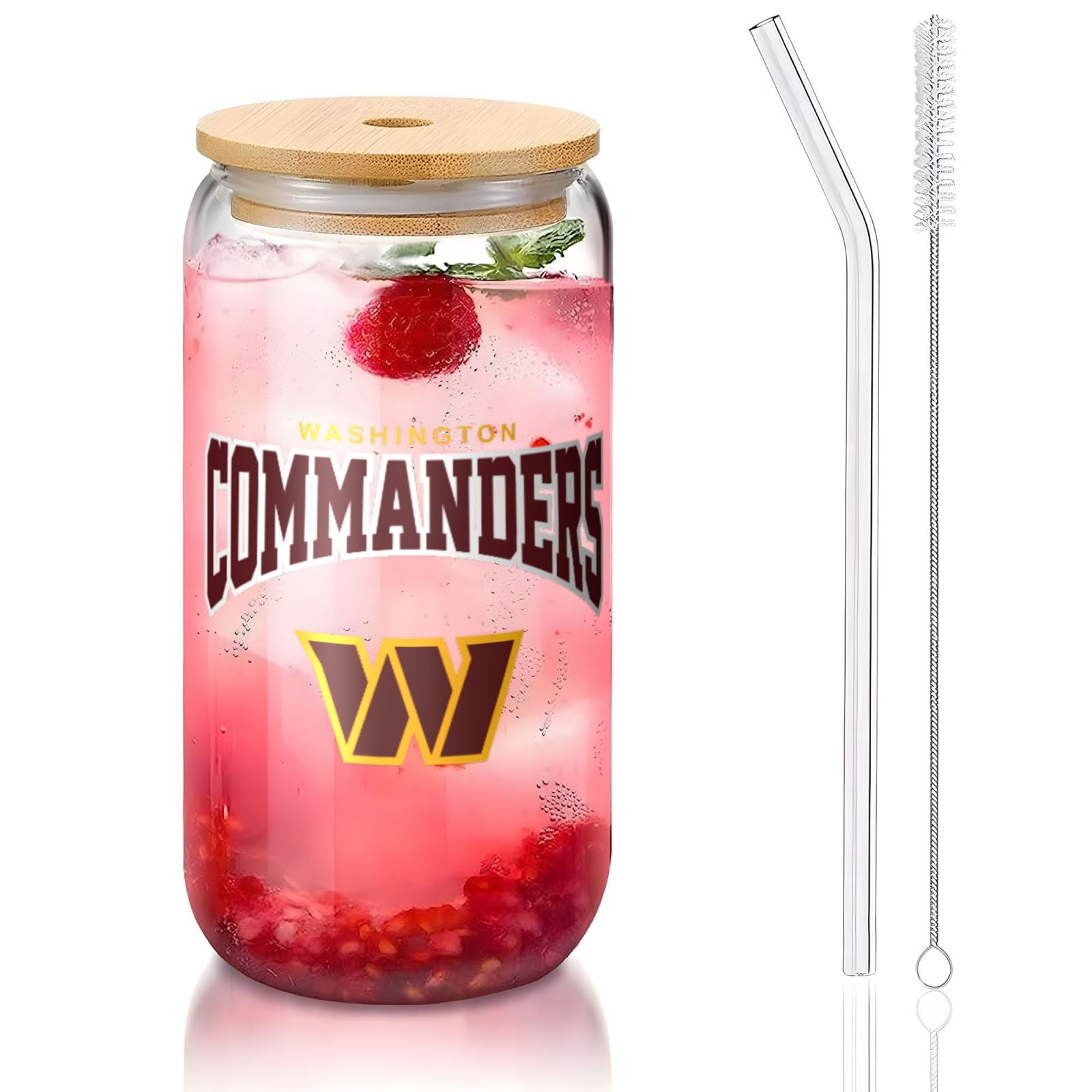 Commanders Football Team 16 oz Glass with Bamboo Lid and Straw, Iced ...