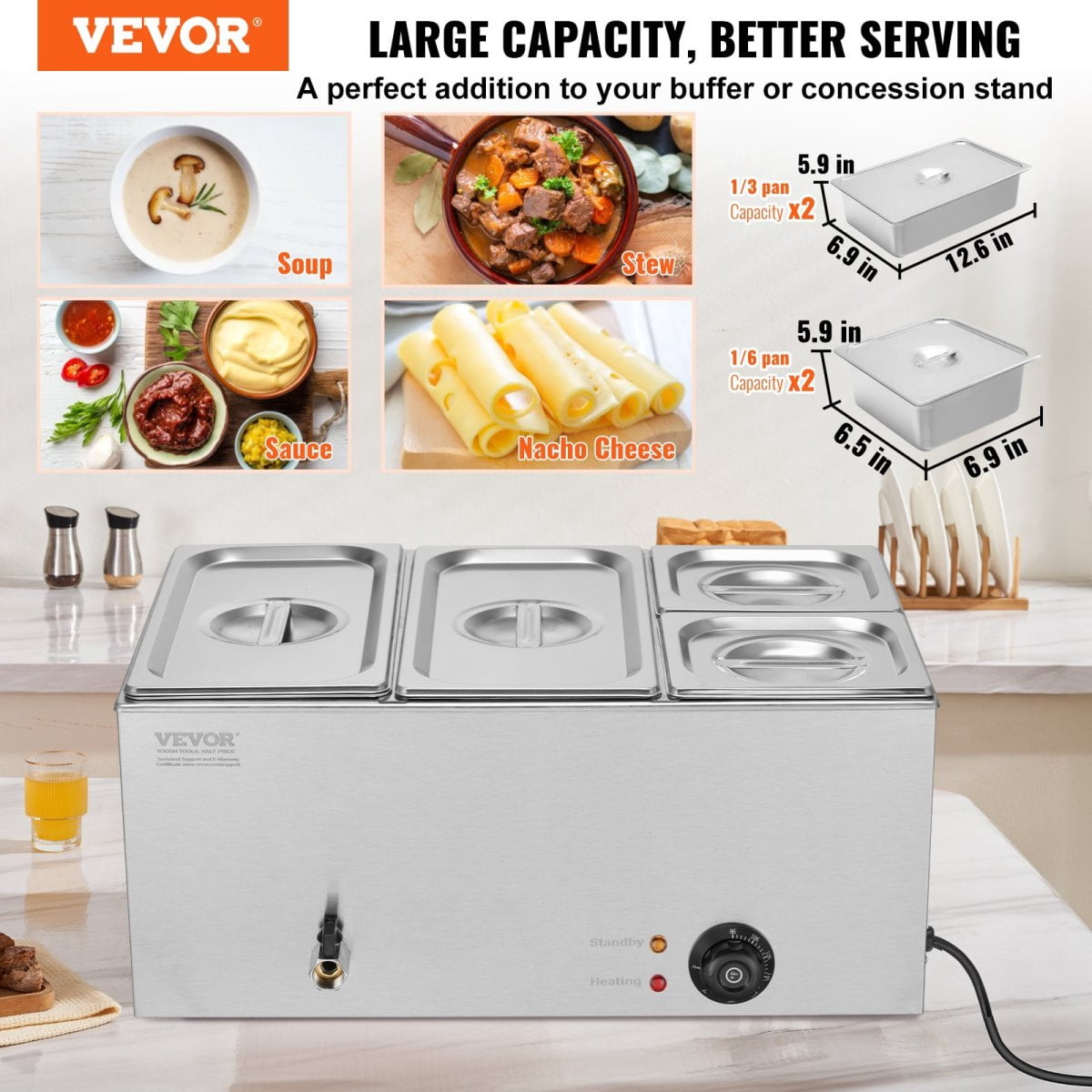 Commercial 4 Pan Countertop Food Warmer 16.4QT Bain Marie with 1200W ...
