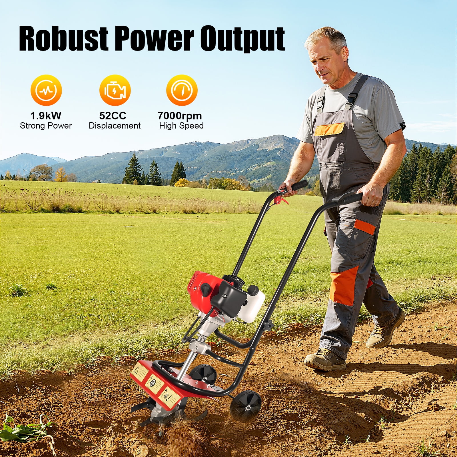 Commercial 52cc Gas-Powered Heavy Duty Tiller with 4-Blade Cultivator ...