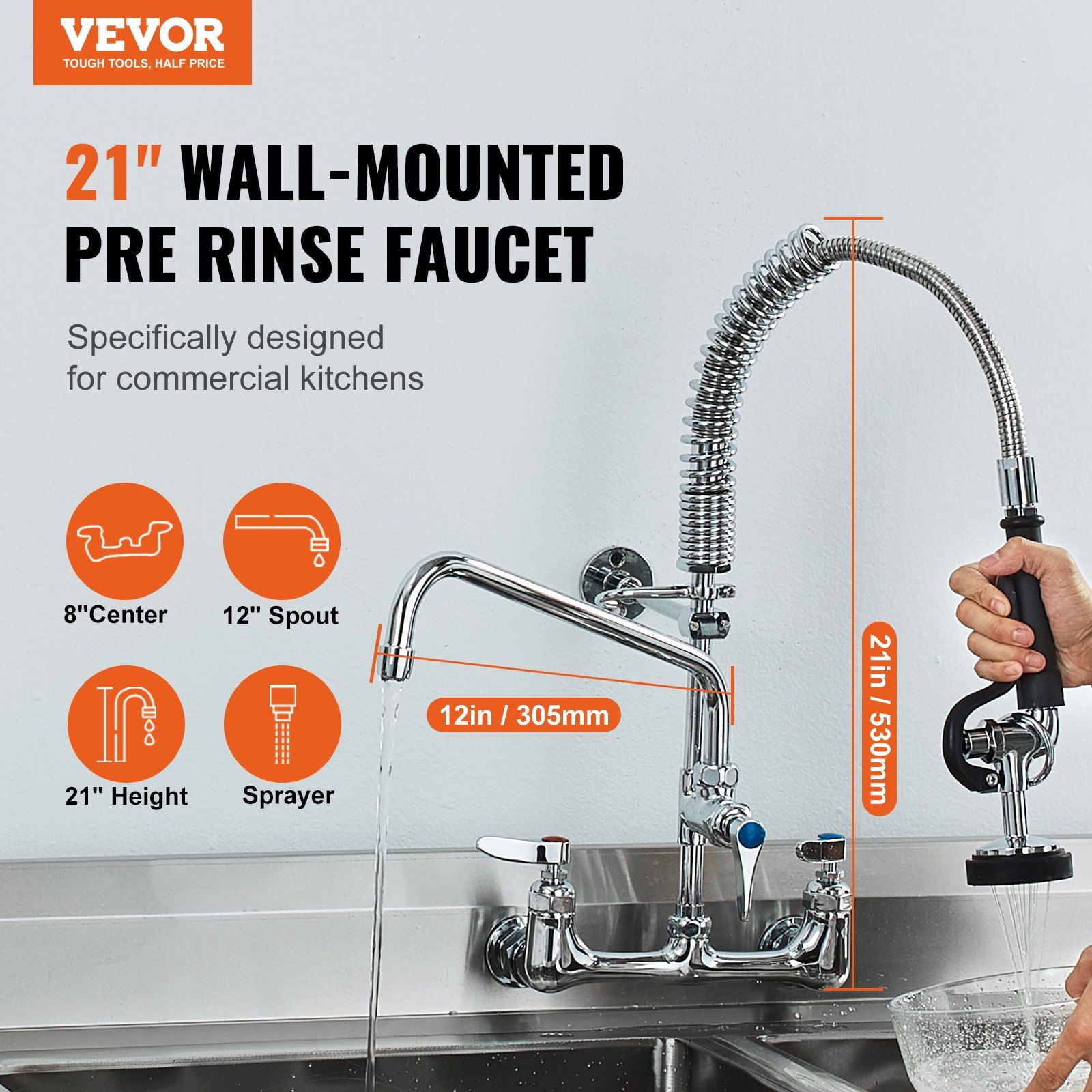 Commercial Brass Faucet with Pre-Rinse Sprayer, Wall Mount for Kitchen ...