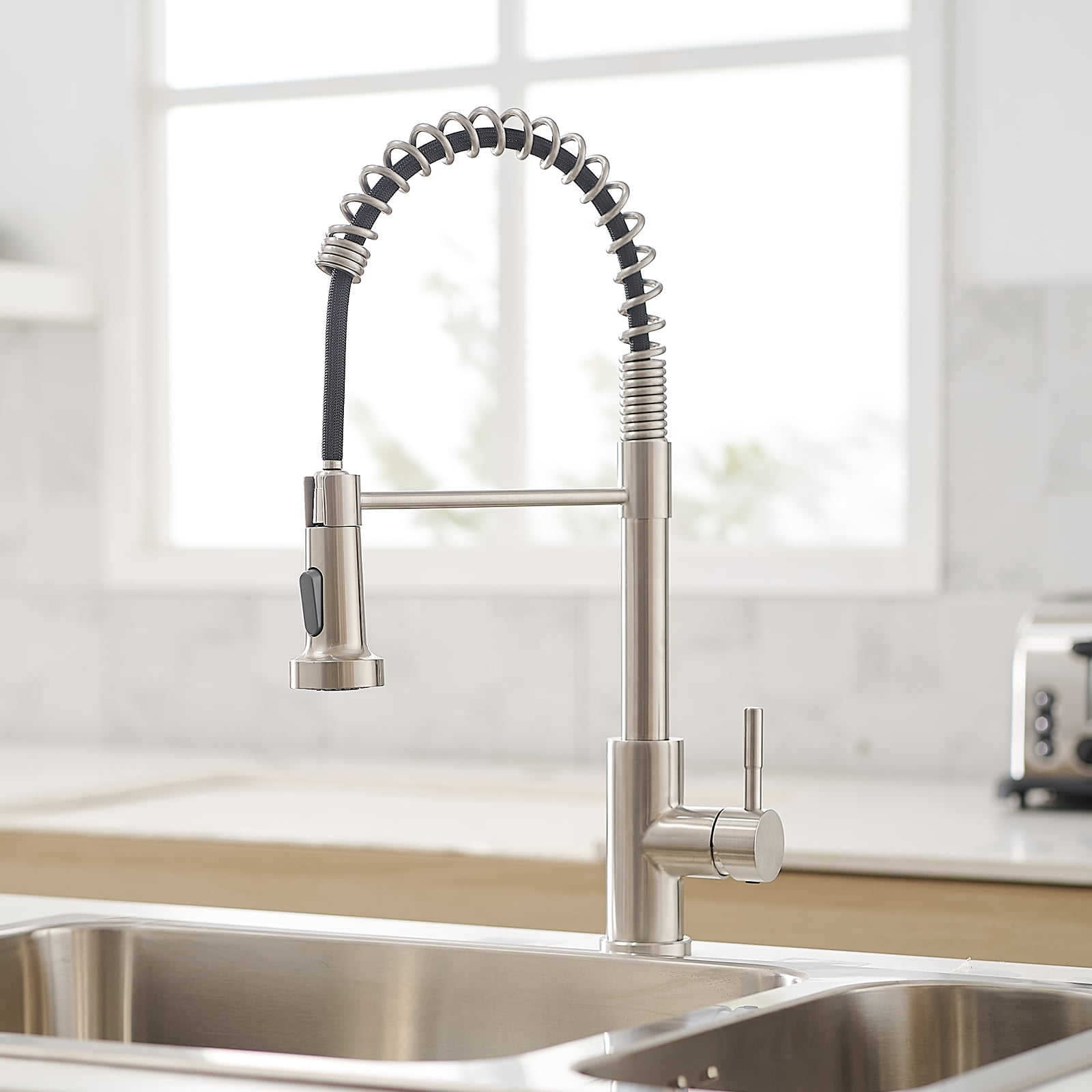 Commercial Brushed Nickel Kitchen Faucet with Pull Out Sprayer, Single ...