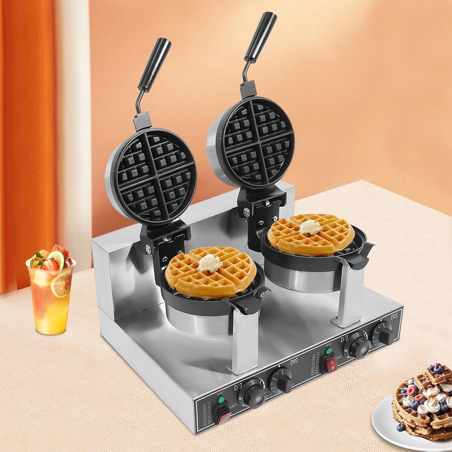 Commercial Dual-Head Rotating Non-Stick Round Belgian Waffle Maker ...