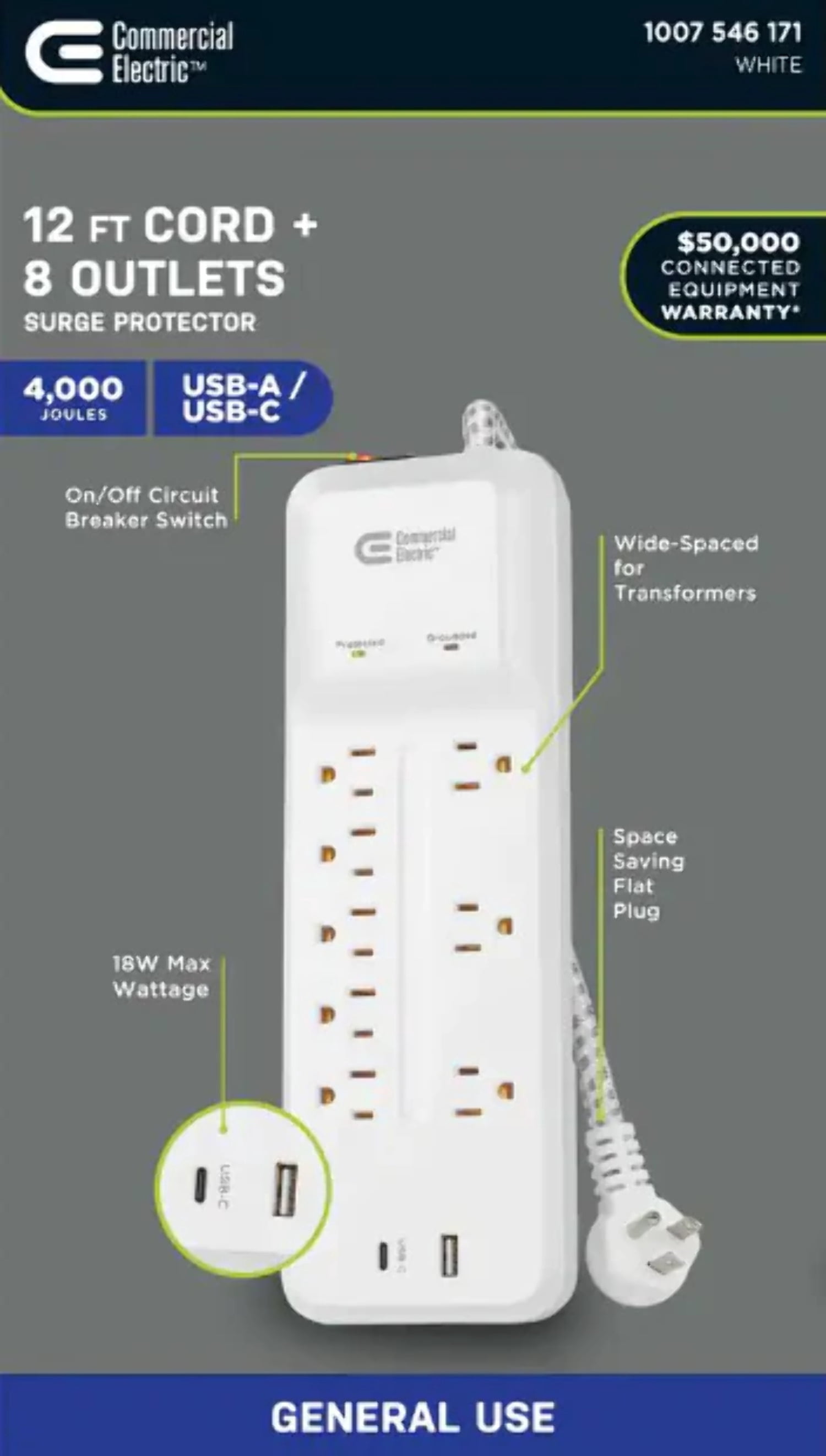 Commercial Electric 12ft Braided Cord 8-Outlet Surge Protector ...