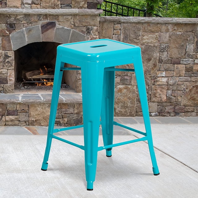 Commercial Grade 24" H Backless Teal-Blue Indoor-Outdoor Counter Height ...