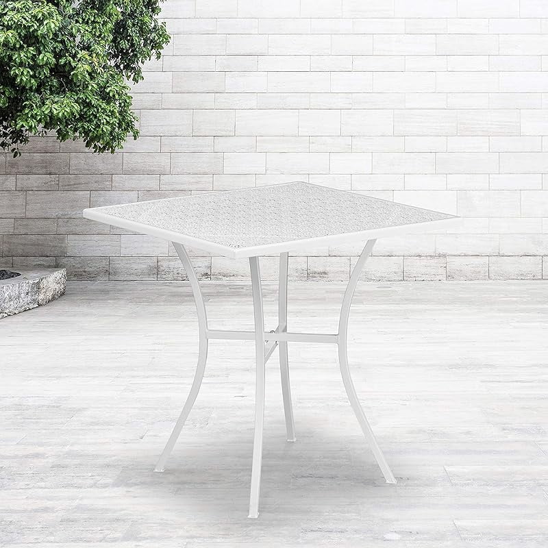 Commercial Grade 28" Square Light Gray Indoor-Outdoor Steel Patio Table ...