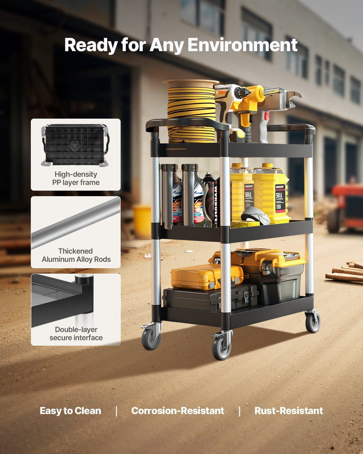 Commercial Grade 3-Tier Rolling Cart, 300 lb Load Capacity - Heavy Duty ...