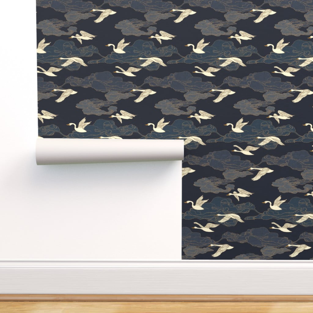 Commercial Grade Wallpaper 27ft x 2ft - Flying Swans Wild Midnight ...
