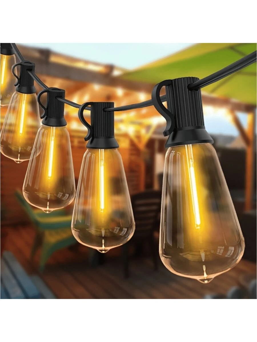 Commercial-Grade Waterproof Outdoor String Lights with 50 ST38 LED Bulbs, Black Cord Connectable ...