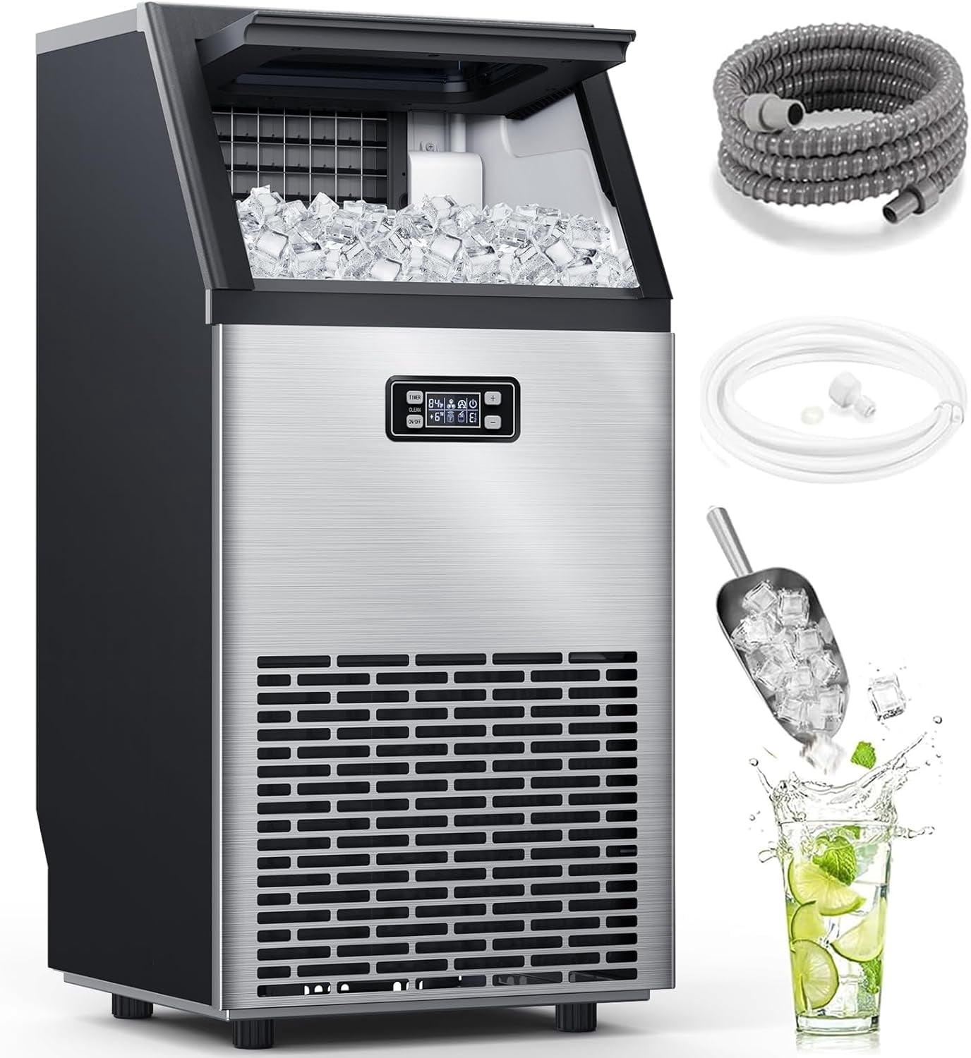 Commercial Ice Maker Machine 100lbs/24H Stainless Steel Ice Machine ...