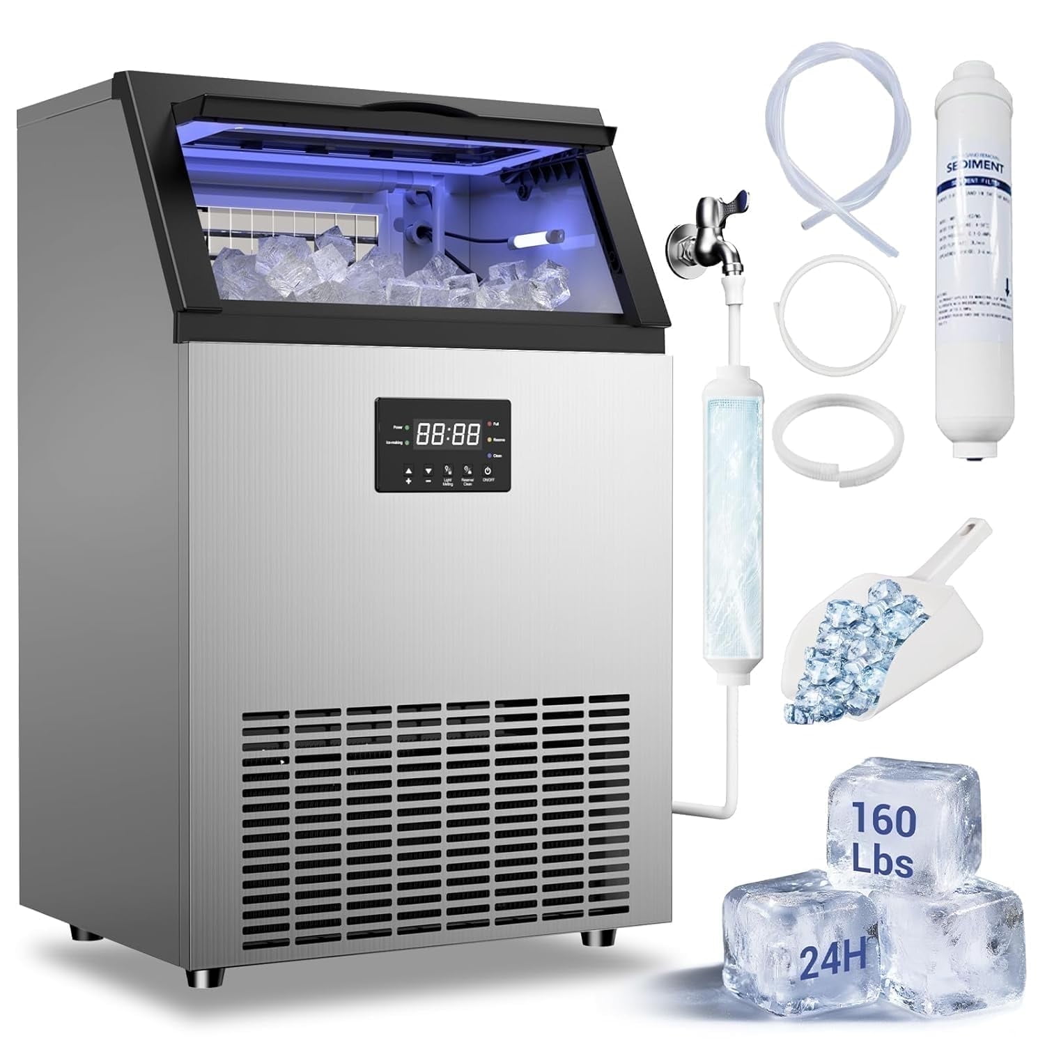 Commercial Ice Maker Machine, 165Lbs/24H, 45Lbs Storage, Stainless ...