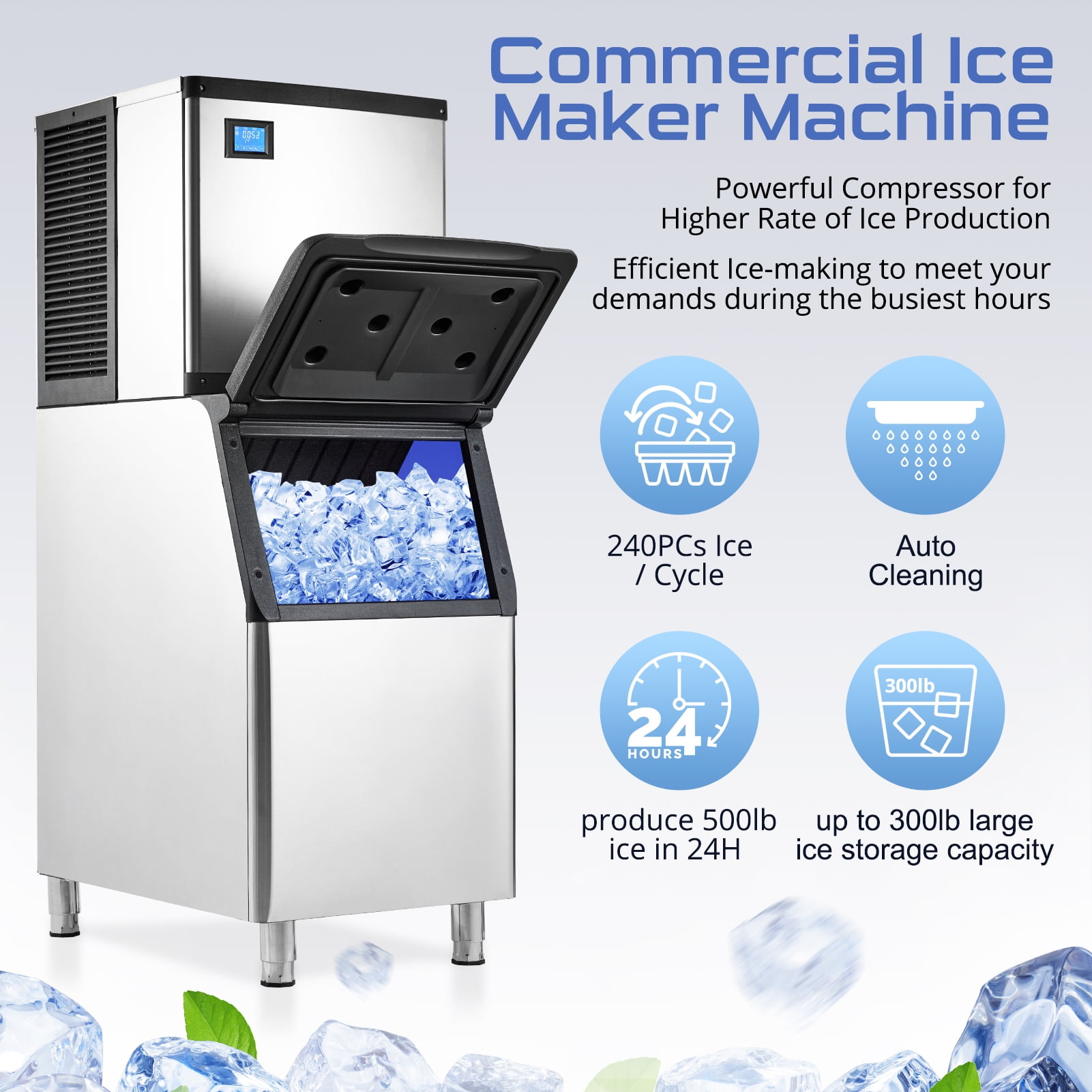 Commercial Ice Maker Machine 500LBS/24H, 500LBS Large Storage Bin ...