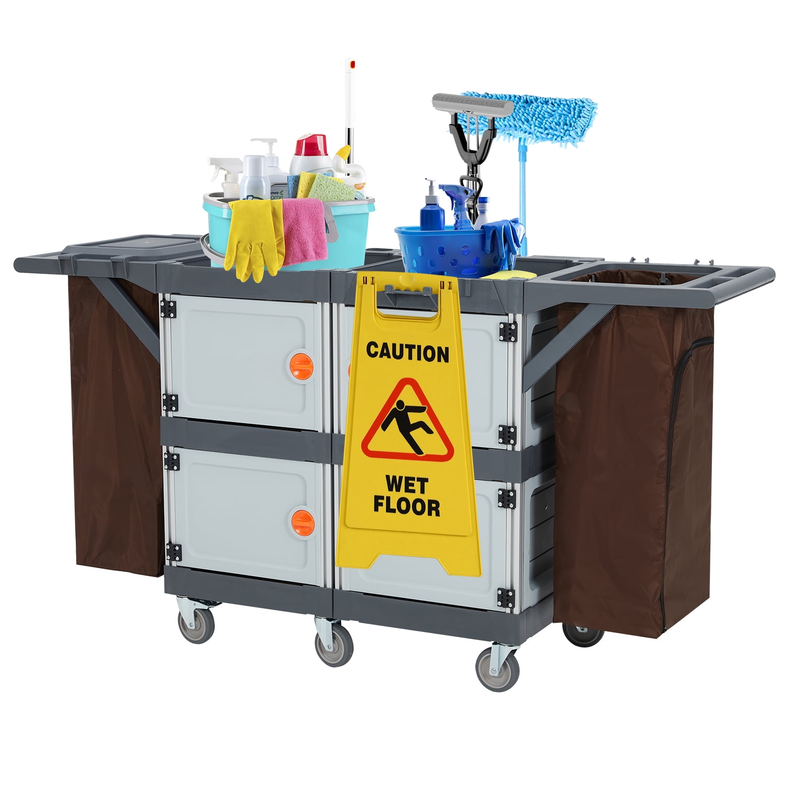 Commercial Janitorial Cart with 4 Cabinet - Black Housekeeping Caddy ...