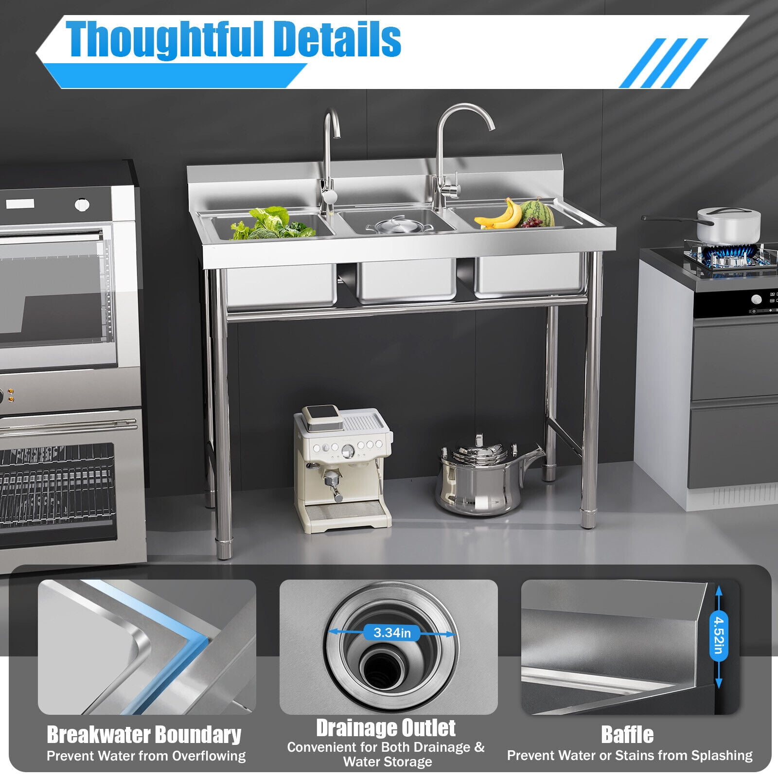 Commercial Kitchen Bar Sink 3 Compartment Stainless Steel Laundry Sink ...