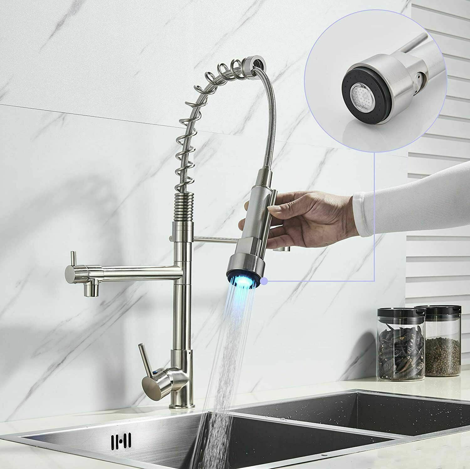 feetron LED Kitchen Sink Faucet, Stainless Steel, Pull Out Spray, 360Â ...