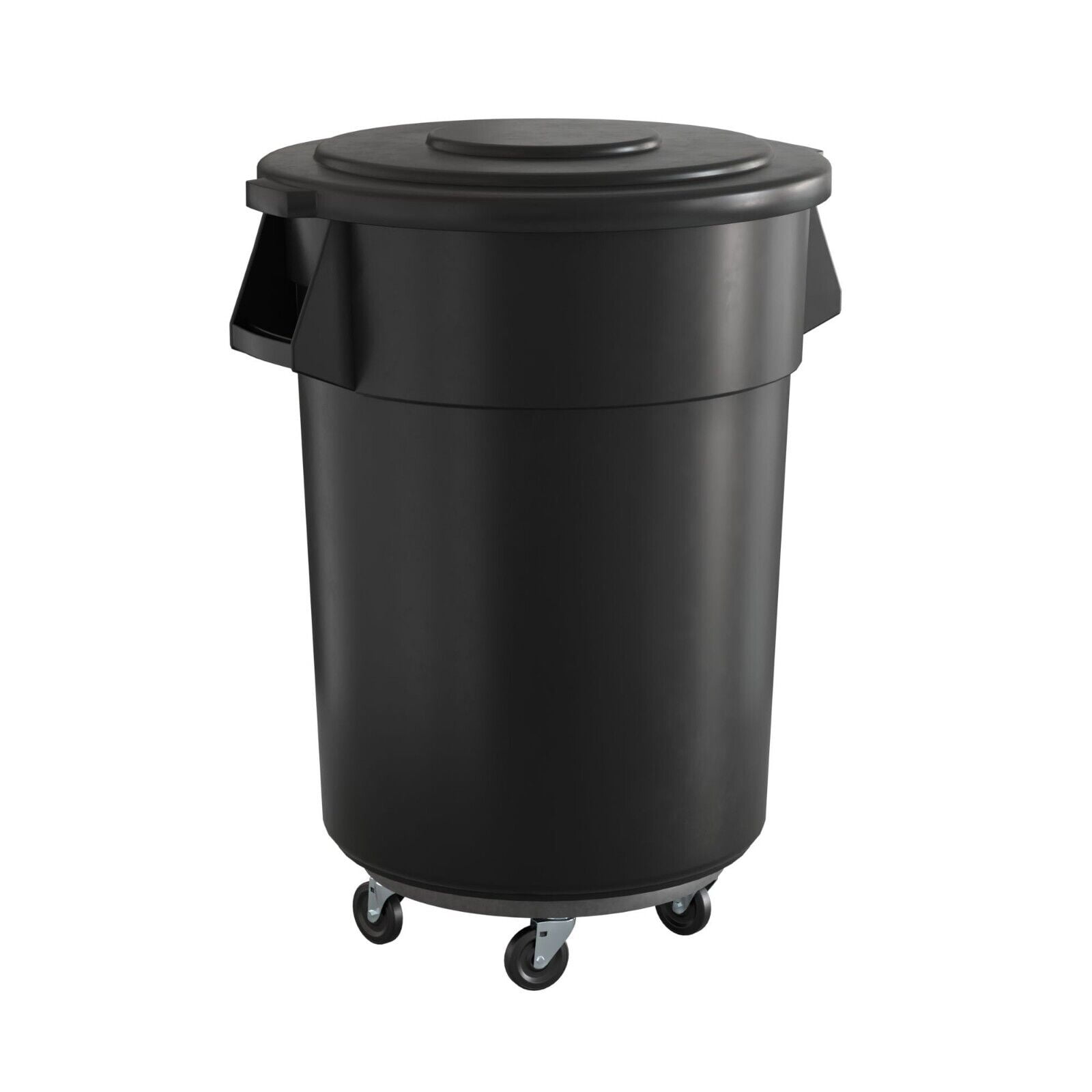 Commercial Round Plastic Trash Can with Lid and Dolly 55 Gallon Black ...