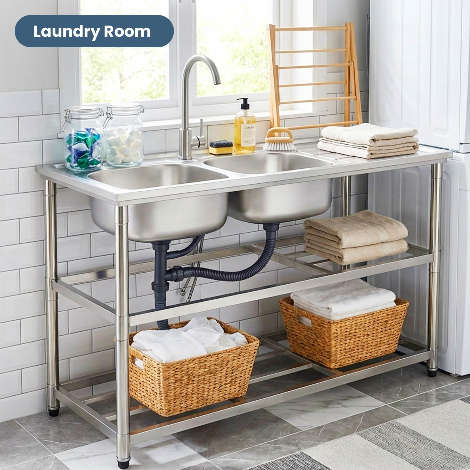 Commercial Sink with Cold & Hot Water Faucet, Stainless Steel Free ...