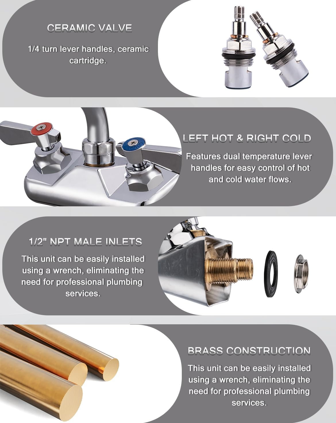 Commercial Sink Faucet - Leak Free Brass 4 Inch Wall Mount 2 Hole, 10 ...