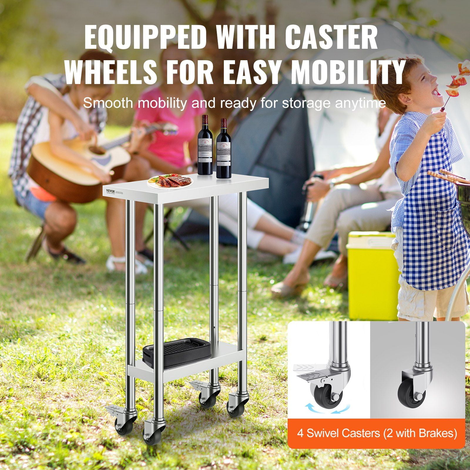 Commercial Stainless Steel Food Prep Table with Wheels, 24x12x38 Inch ...