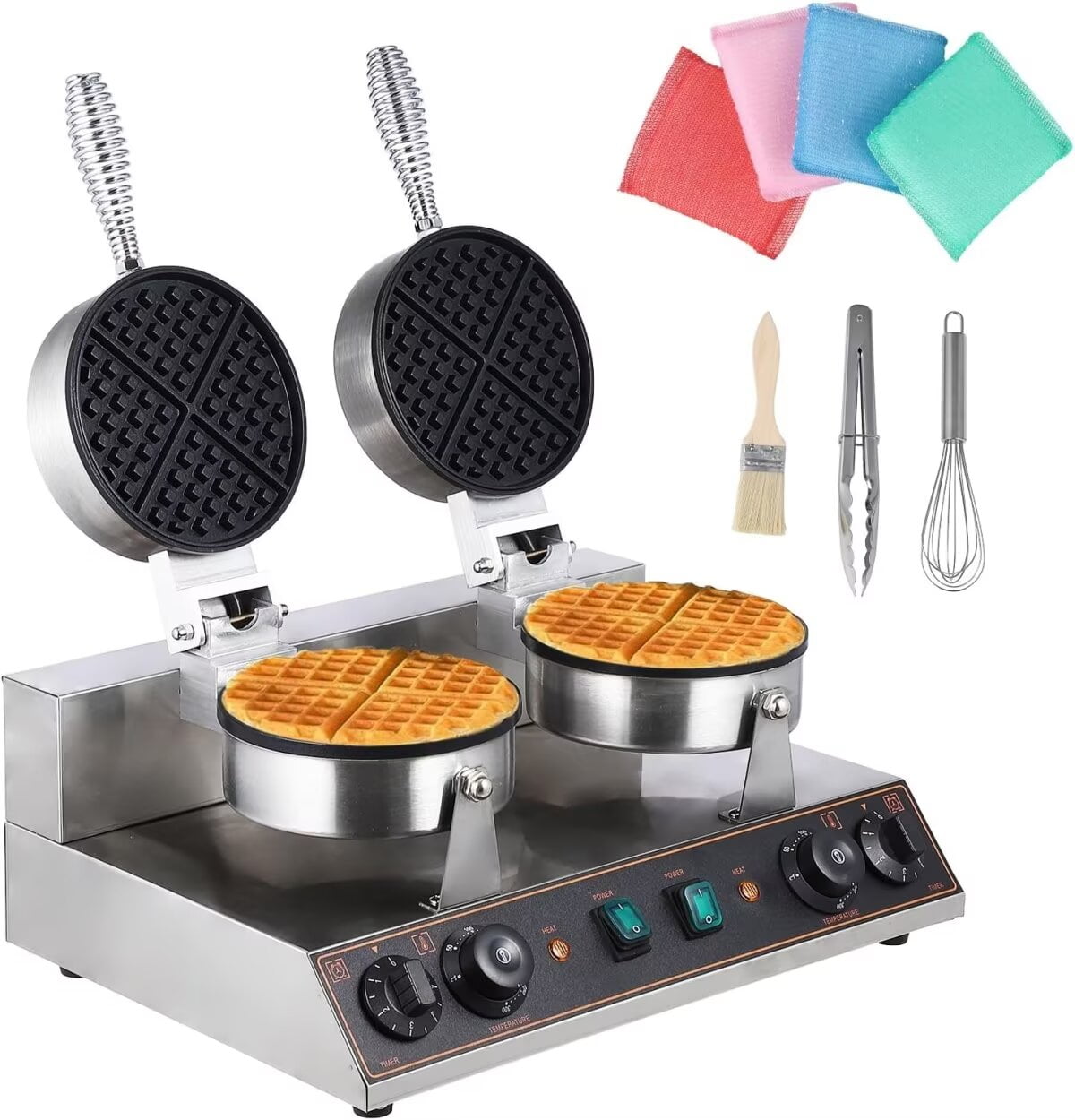 Commercial Stainless Steel Waffle Maker, Double Heads Nonstick Round ...