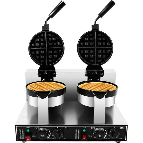 Commercial Waffle Maker Double Heads,Rotating Non-stick Coating Round ...