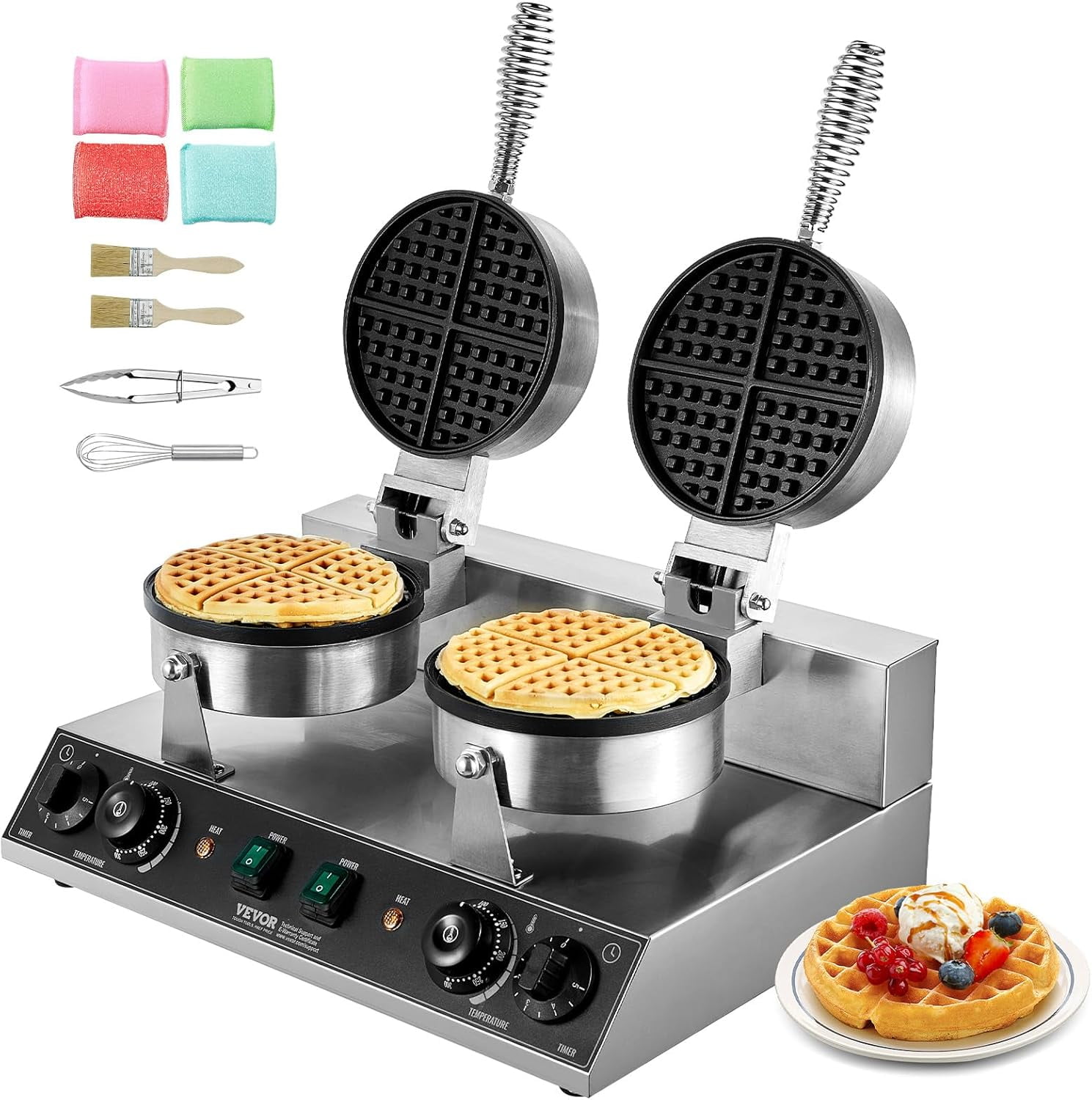 Commercial Waffle Maker, Dual-Head Round Waffle Baker Machine, 2460W ...