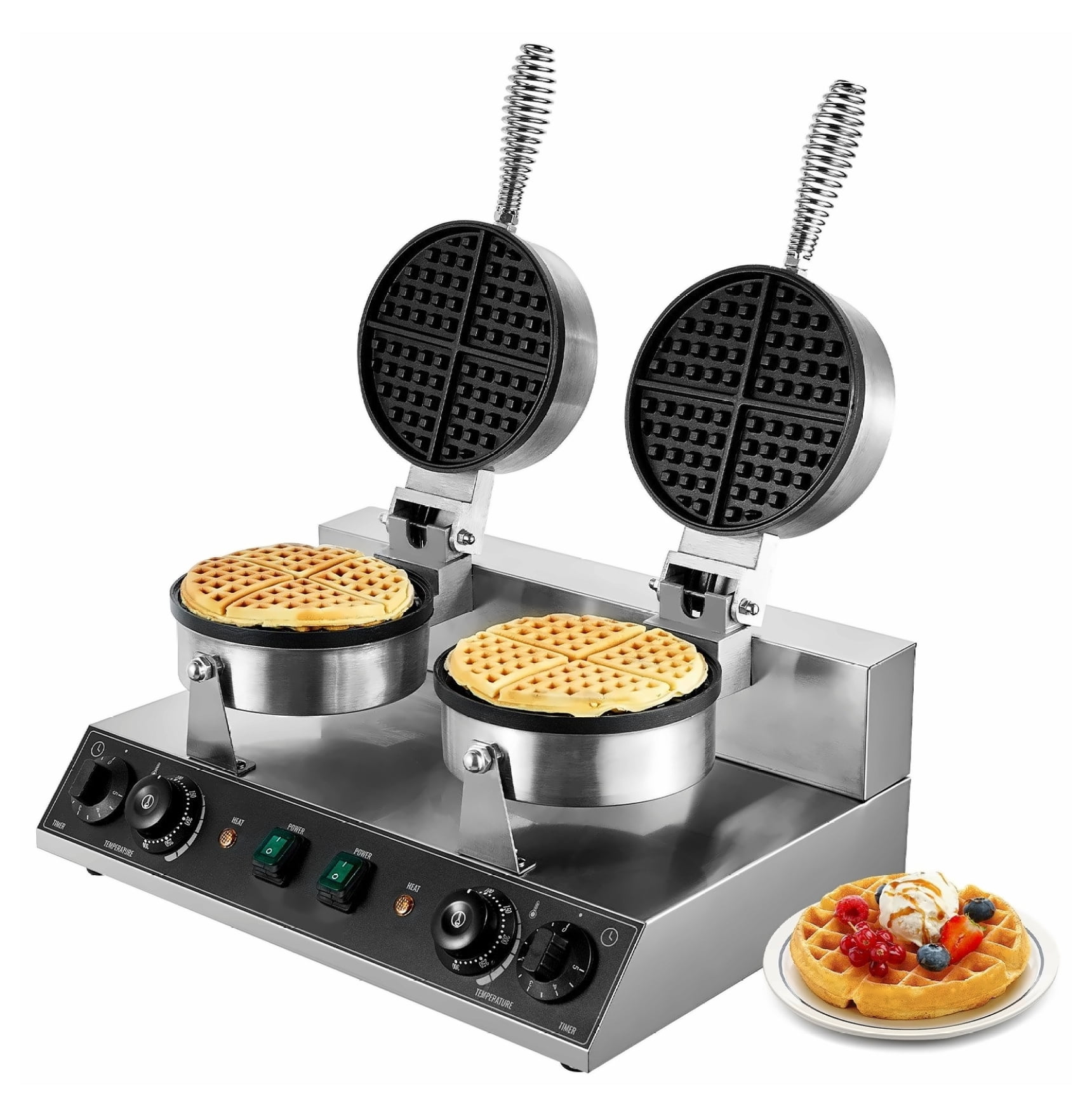 Commercial Waffle Maker, Dual Head Waffle Iron 2460W Non-Stick - Round ...