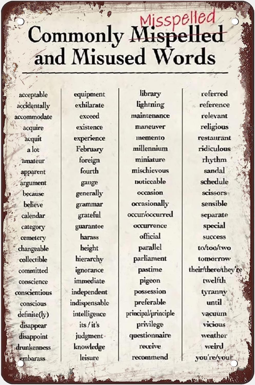 Commonly Misspelled And Misused Words Tin Sign Posters Vocabulary ...