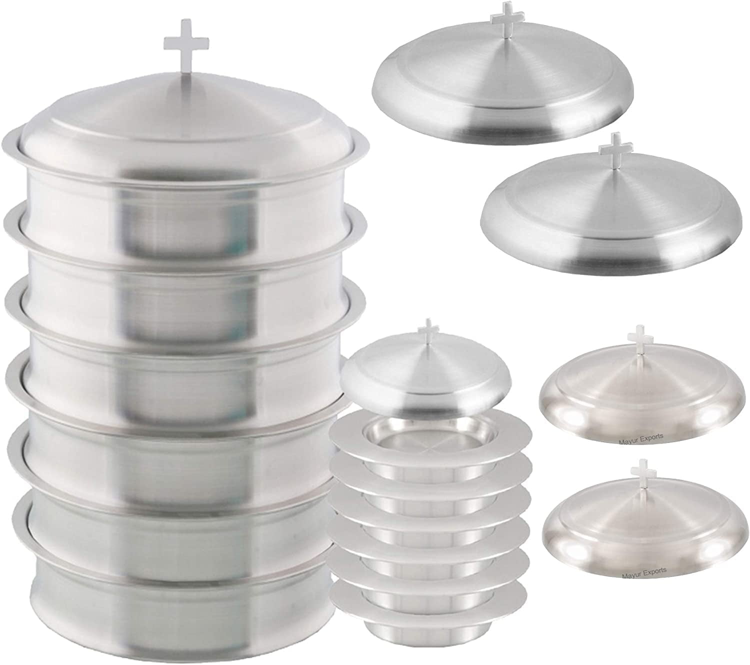 Mayur Exports Stainless Steel Communion Ware - 6 Tray & Bread Plate Set ...