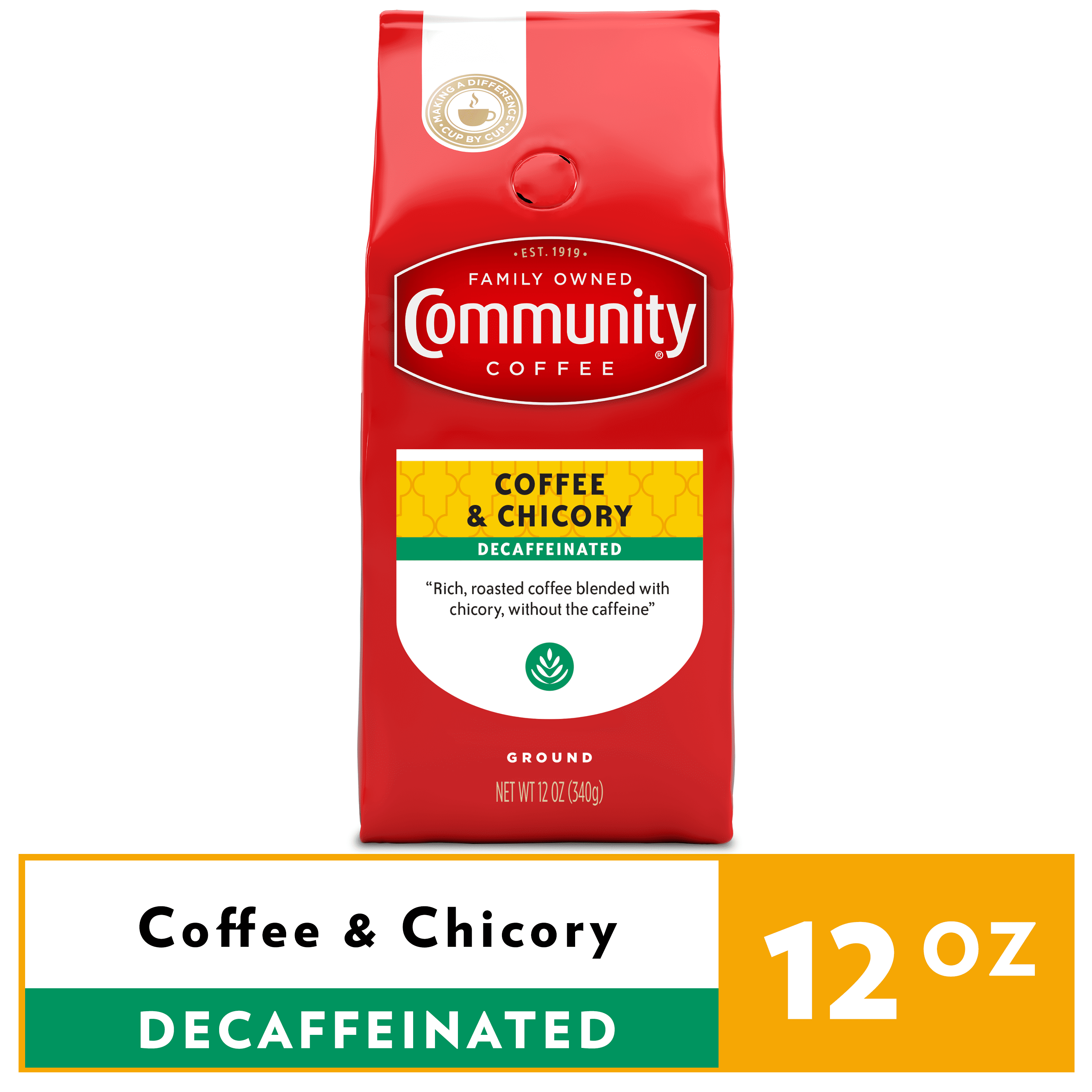 Community Coffee, Coffee & Chicory Decaffeinated, 12 oz Ground Coffee ...