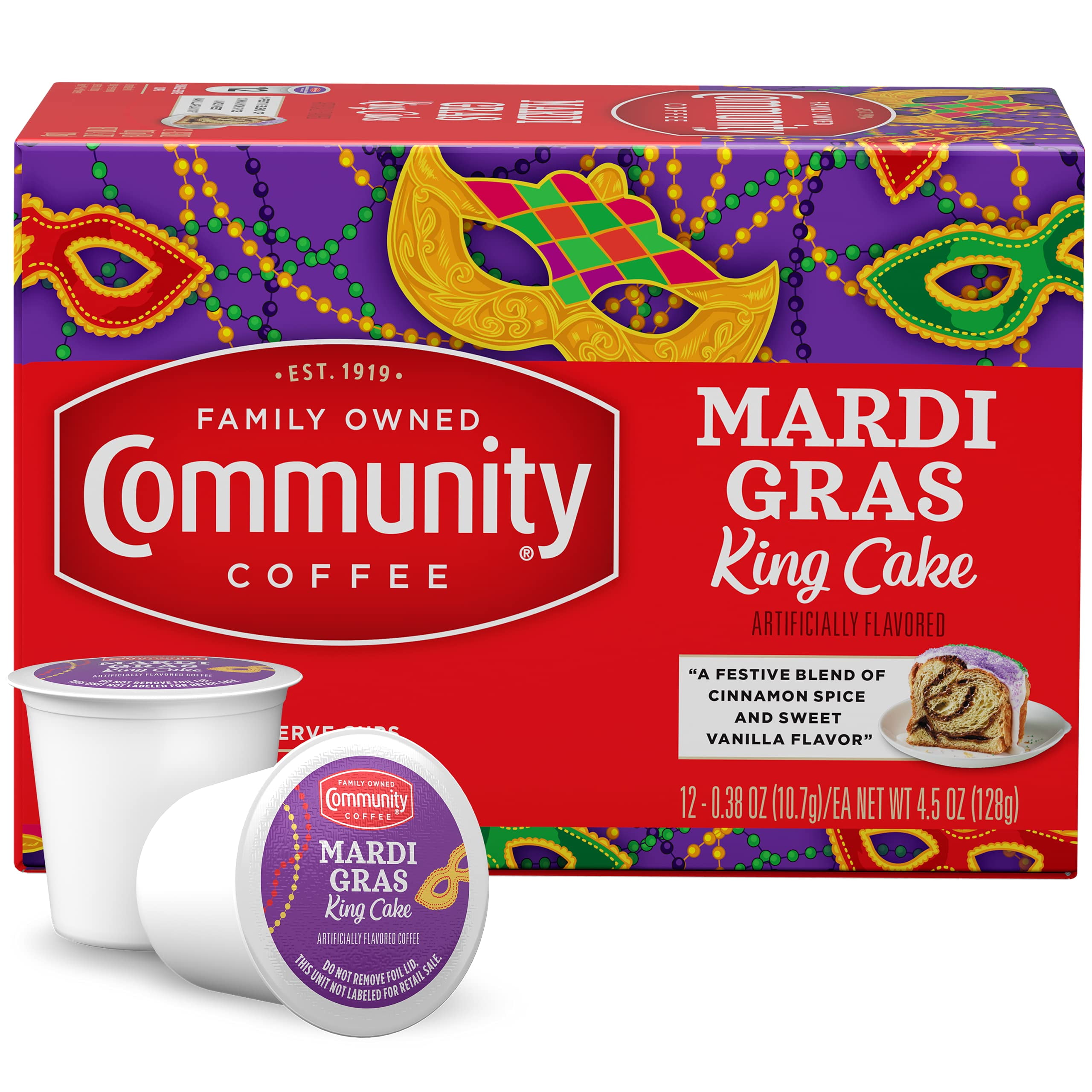 Community Coffee Mardi Gras King Cake Flavored 12 Count Coffee Pods ...