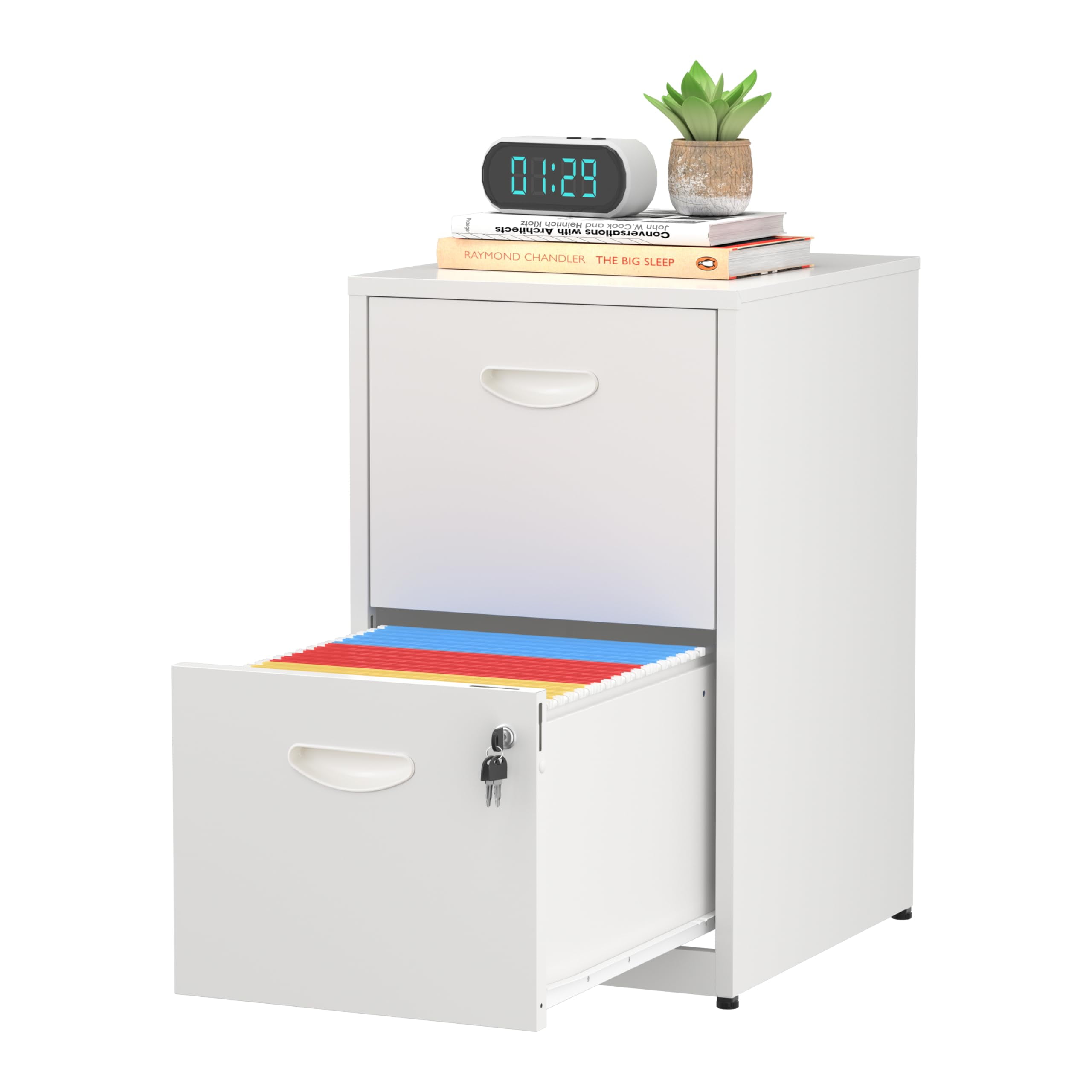 Compact 2 Drawer File Cabinet with Lock, White Metal Vertical Storage ...