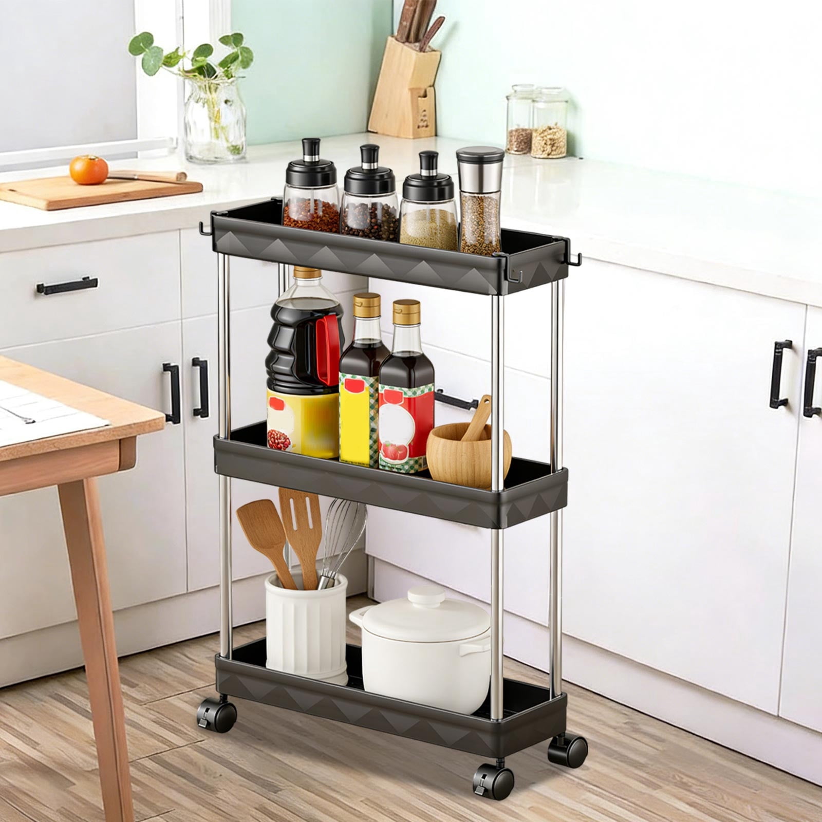 Compact 3-Tier Rolling Storage Cart, Space-Saving Shelving Unit for ...