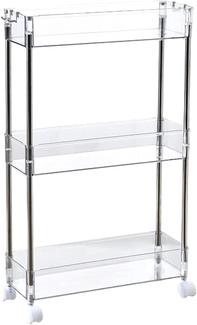 ‌Compact 3-Tier Storage Cart - Clear Narrow Rolling Organizer with ...