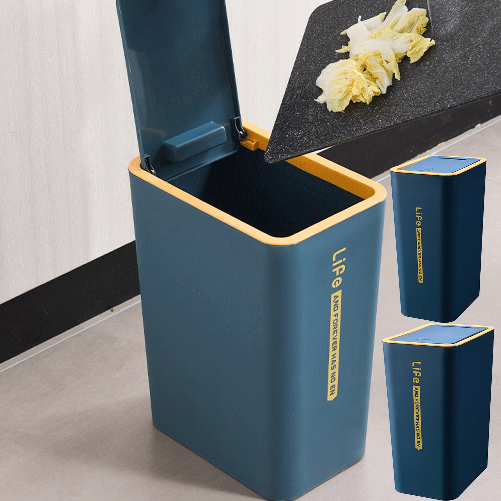 Compact 4 Gallon Press Top Trash Can Slim Rectangular Dark Blue Plastic ...