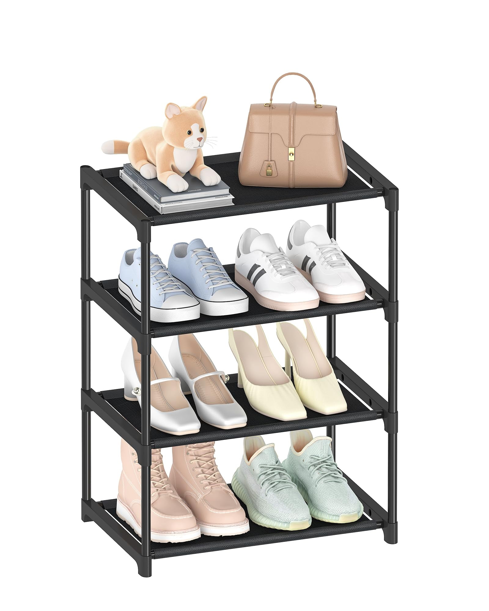 Compact 4 Tier Shoe Rack, Stackable Shoe Storage Shelf for Small Spaces ...
