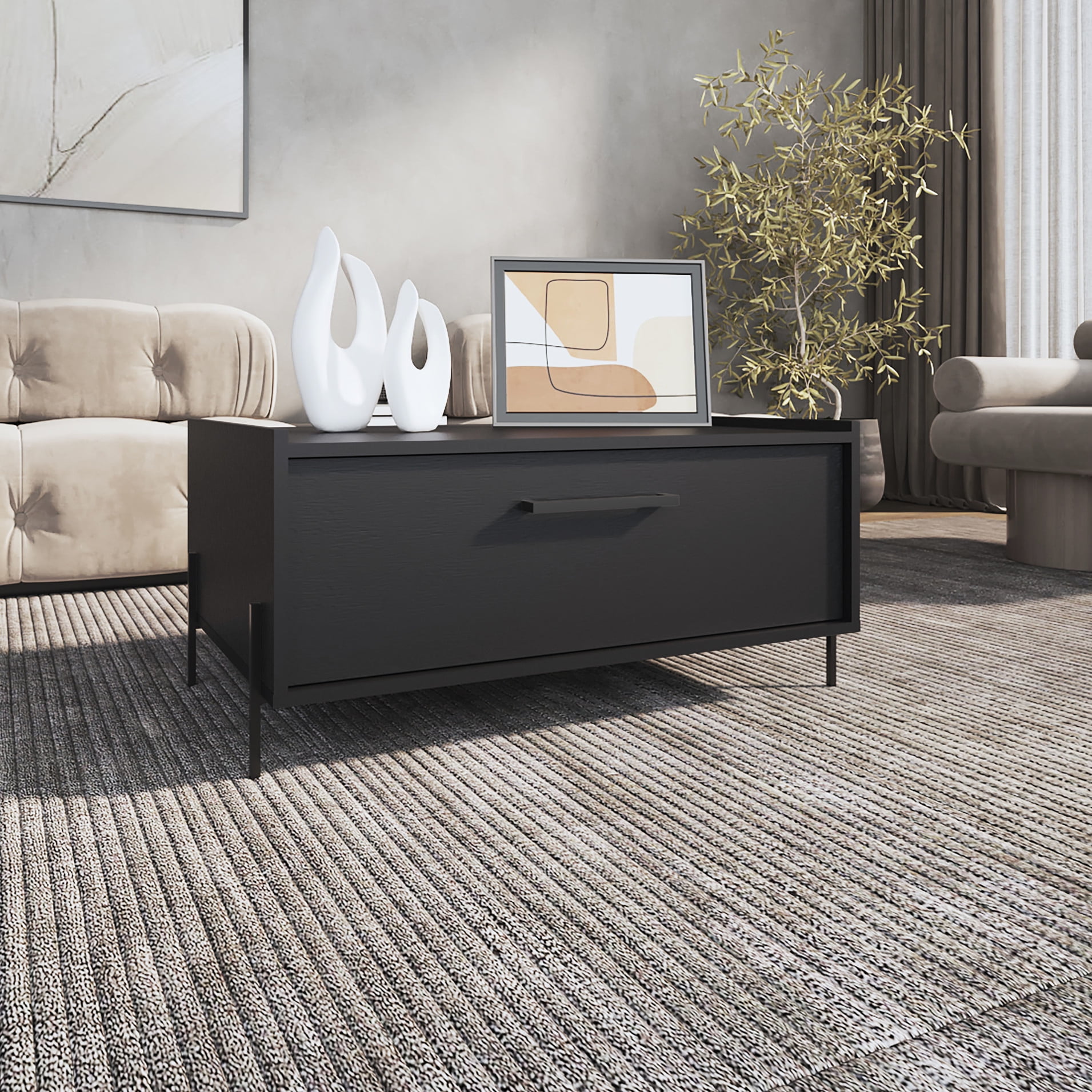 Compact And Chic Coffee Table With Pull-down Cabinet - Black 15.6" Pull ...