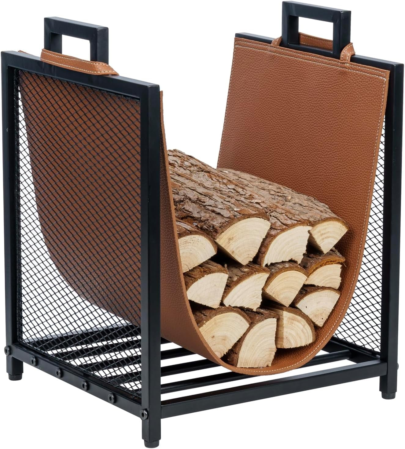 Compact Black Metal Firewood Stand with Brown Leatherette Sling, Wire ...