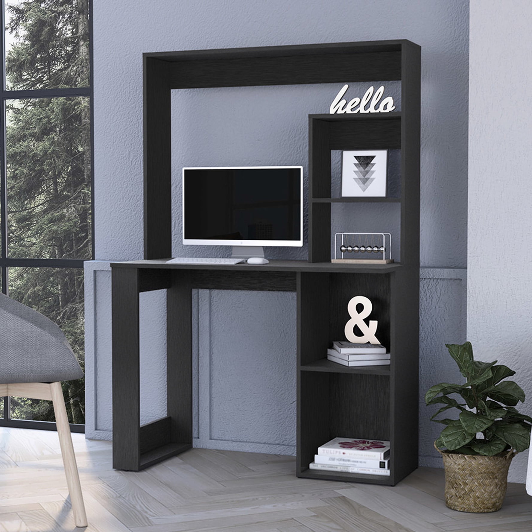 Compact Black Particle Board Desk with Hutch and 5 Shelves - Ample ...
