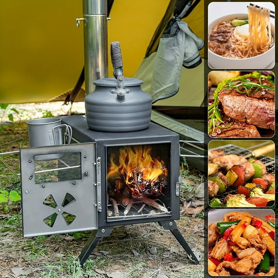 Compact Black Portable Wood Burning Stove - Equipped with Chimney Pipe ...