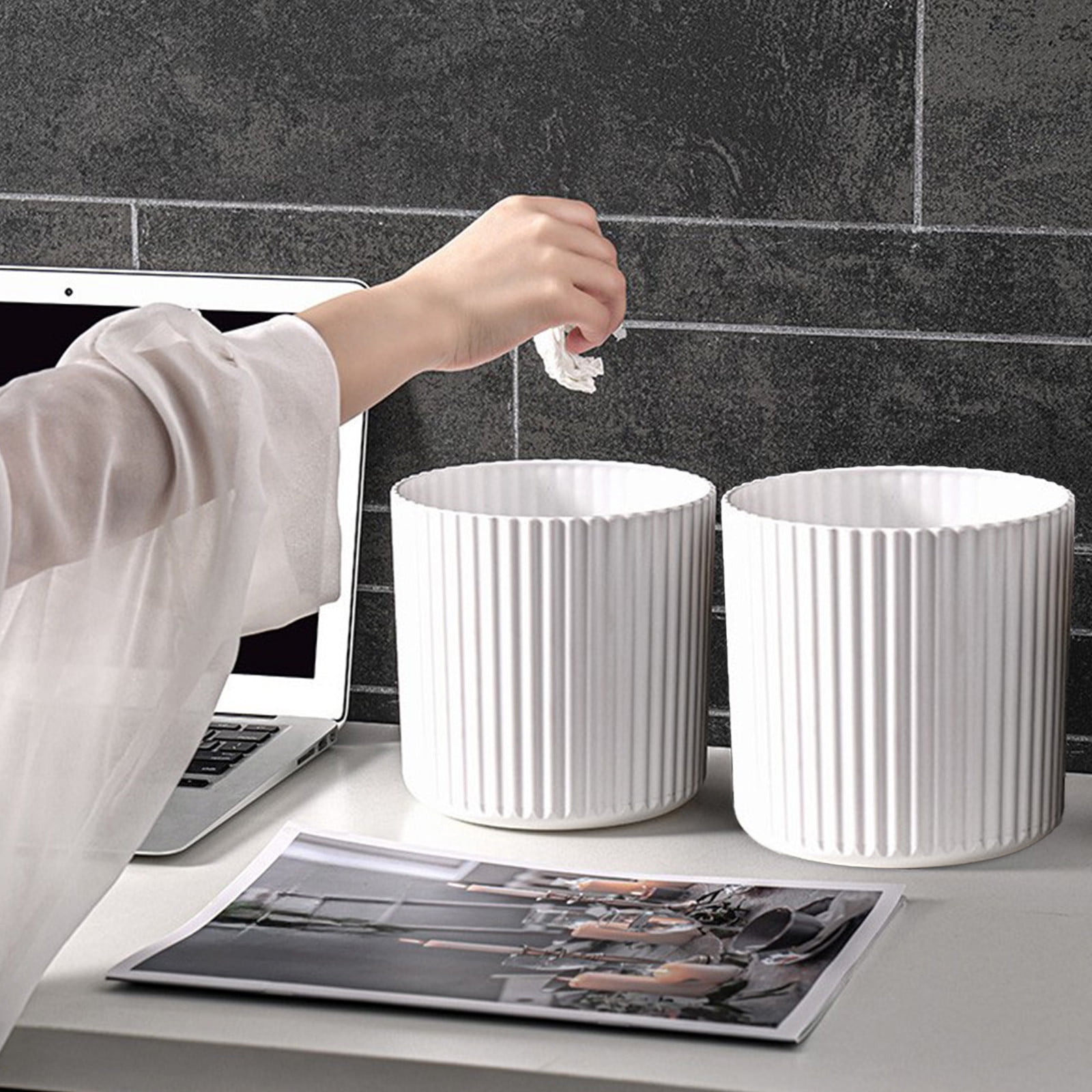 Compact Black & White Vertical Striped Desktop Trash Can - Durable ...