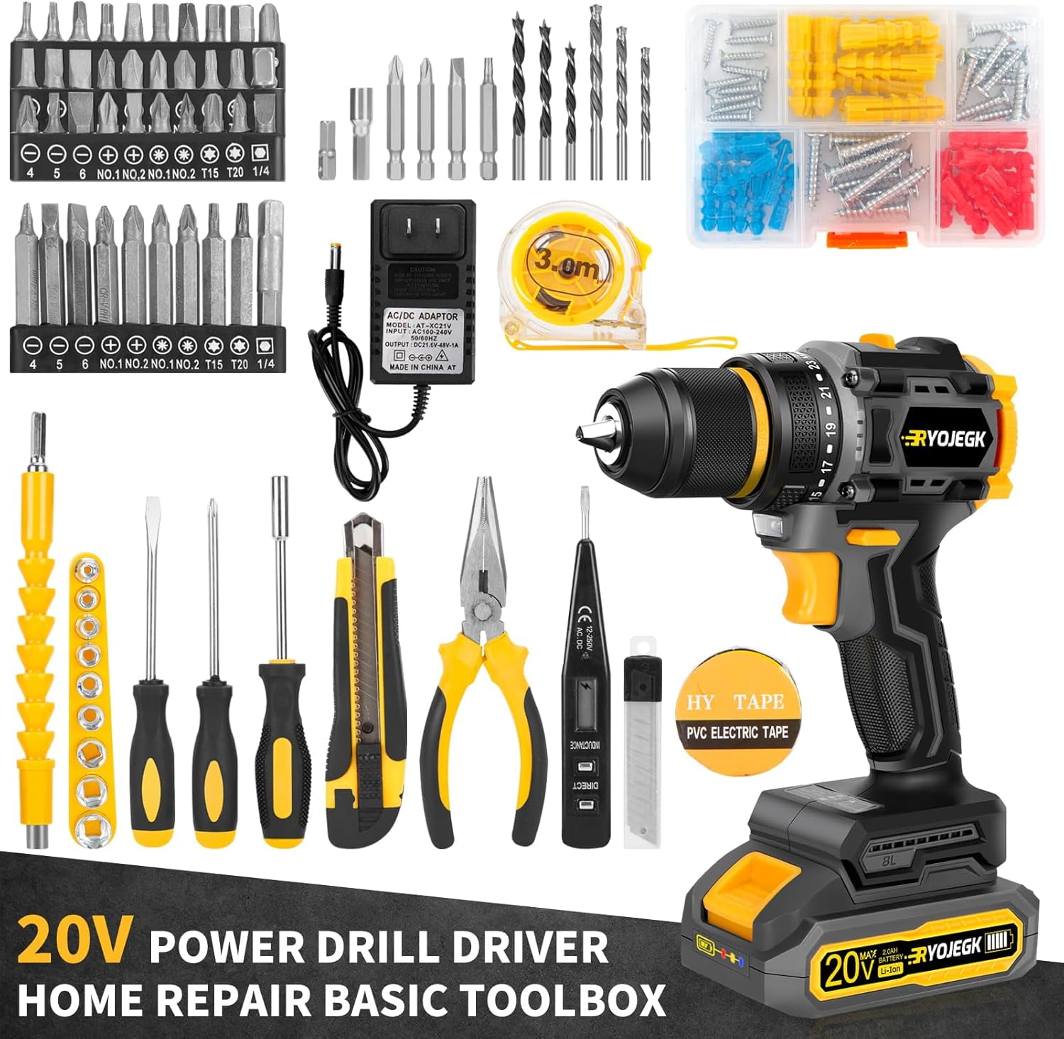 Compact Brushless Power Drill Set,60N.m Cordless Drill Tool Box with 2 ...
