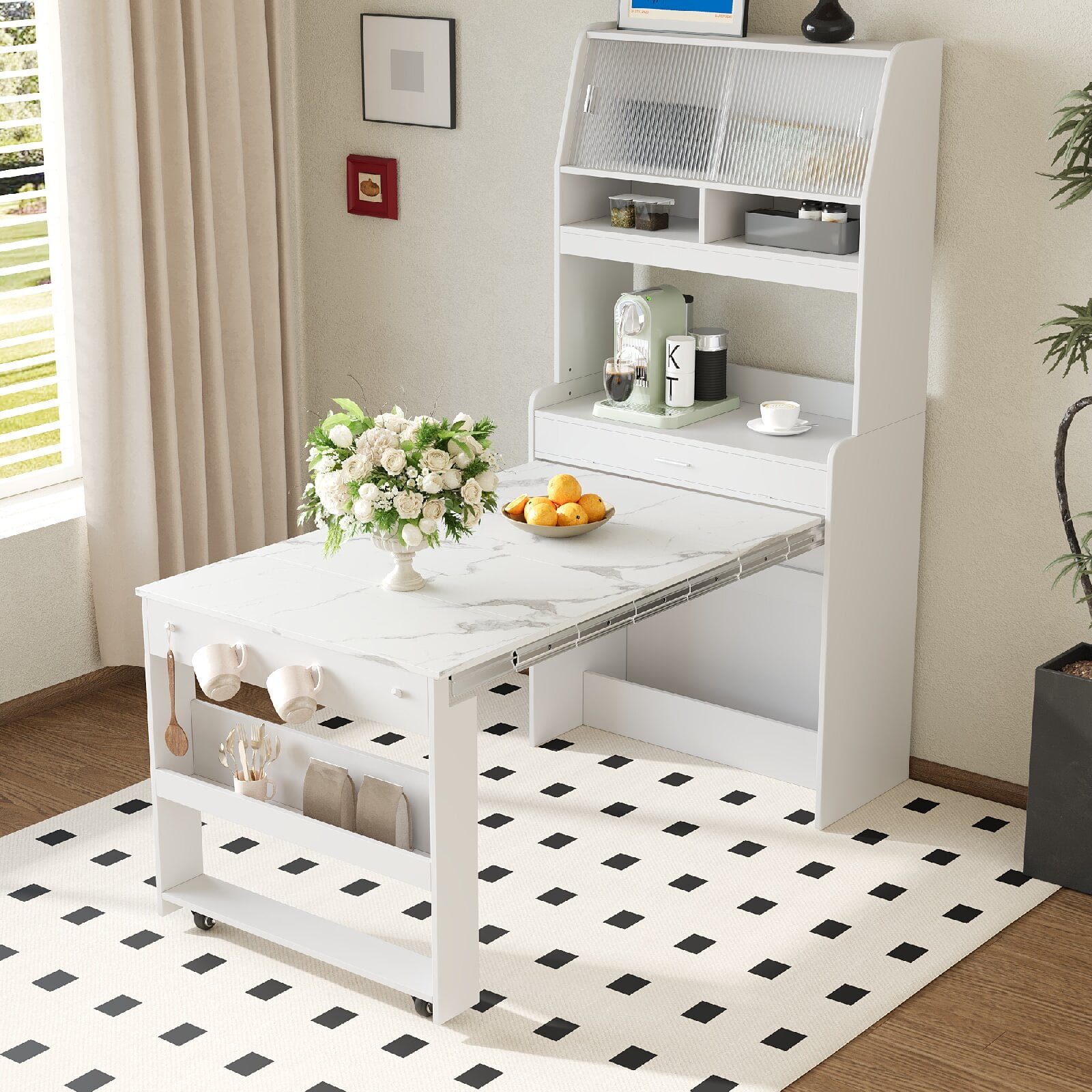 Compact Buffet with Hutch and Foldable Dining Table, Multifunctional ...