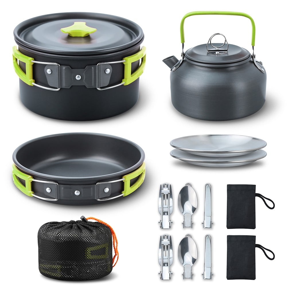 Compact Camping Cookware Set: Lightweight Pots, Kettle & Plates For ...
