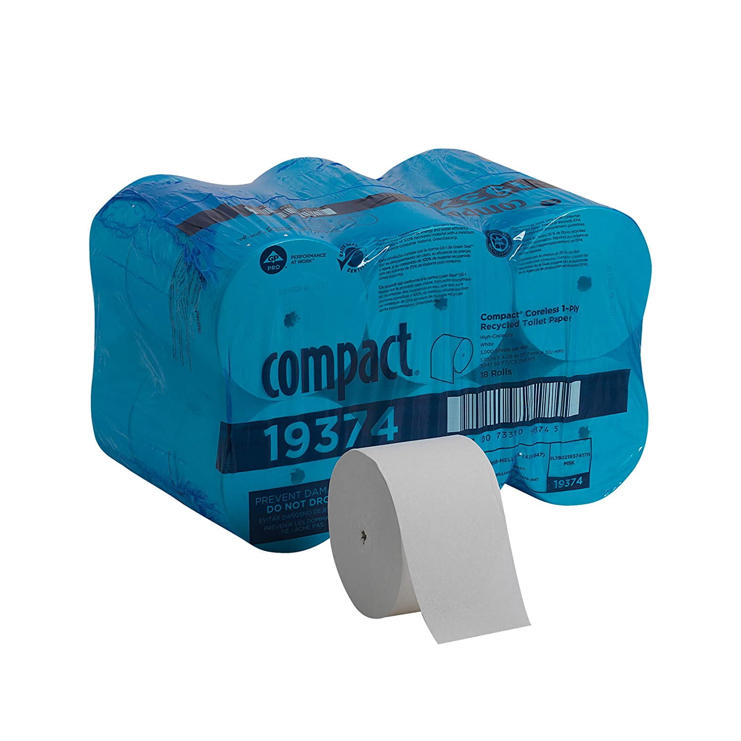 Compact Coreless 1-Ply Recycled Toilet Paper by GP PRO (), 19374, 3,000 ...